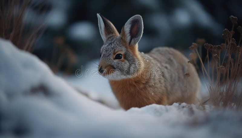 Fluffy Hare Sitting in Snow, Looking at Camera with Tranquility ...