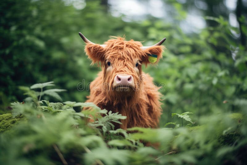 Fluffy Highland Cow Amidst Greenery Stock Photo - Image of livestock ...