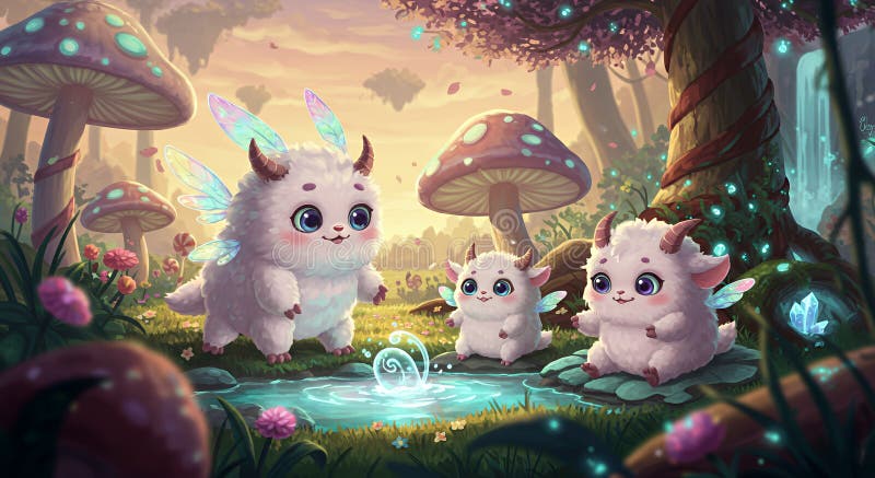 Fluffy Horned Winged Creatures Gather Around a Glowing Pool Stock ...