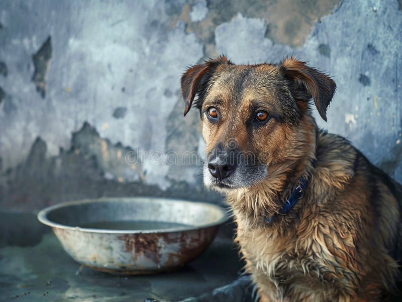 A Fluffy Hungry Abandoned Street Dog Sits on the Road in Front of an ...
