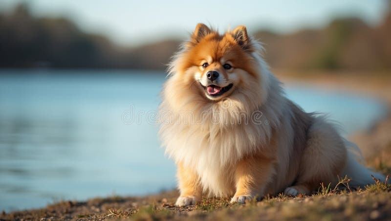 Fluffy Keeshond Sitting by Lake Fur Puffed Out Looking Friendly Stock ...