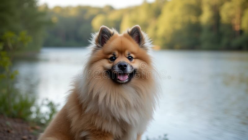 Fluffy Keeshond Sitting by Lake Fur Puffed Out Looking Friendly Stock ...