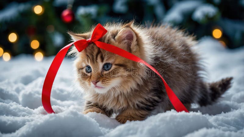 A Fluffy Kitten with a Red Ribbon Playing in the Snow, Creating a ...