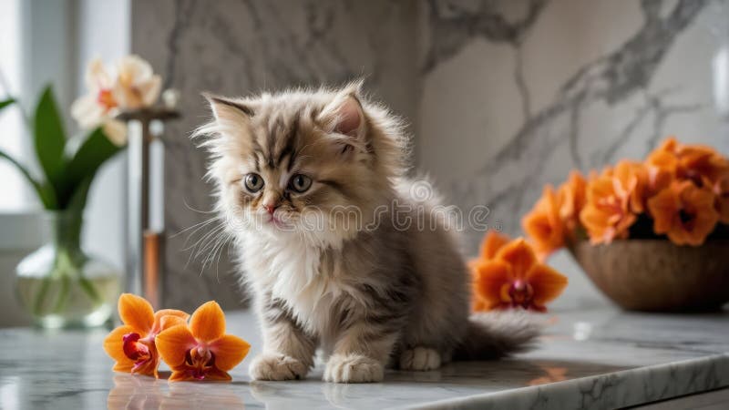 Adorable Persian Kitten with Orange Orchids on Marble Surface Stock ...