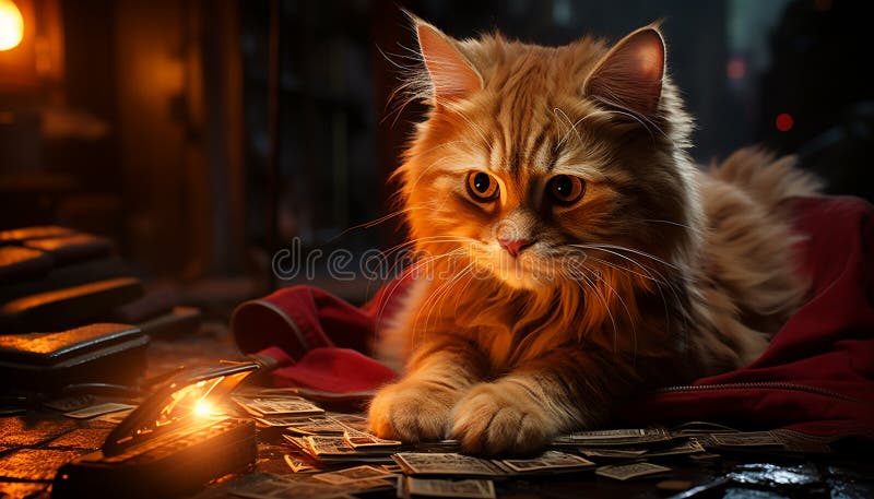 Fluffy Kitten Sitting by the Fire, Playful with Toy Generated by AI ...