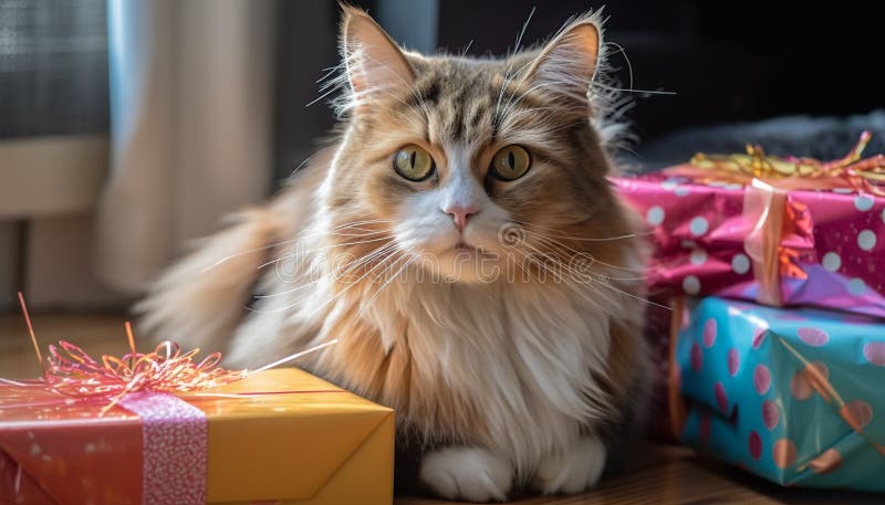 Fluffy Kitten Sitting in Gift Box Indoors Generated by AI Stock ...