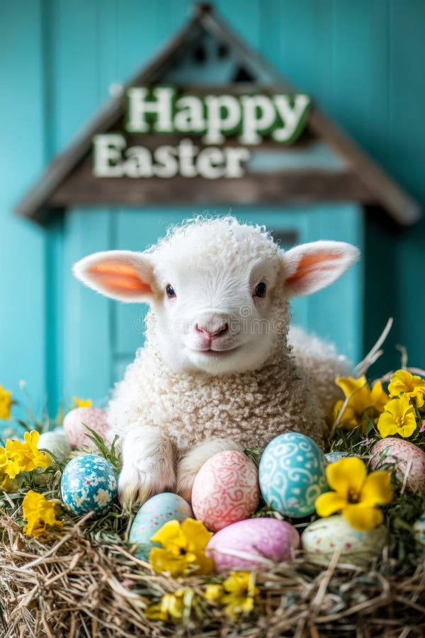 Fluffy Lamb with Easter Eggs and Flowers in Springtime Setting Stock Illustration - Illustration ...
