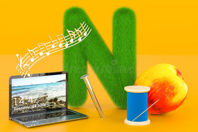 Fluffy Letter N with Nails, Notebook, Notes, Needle, Nectarine. Kids ...