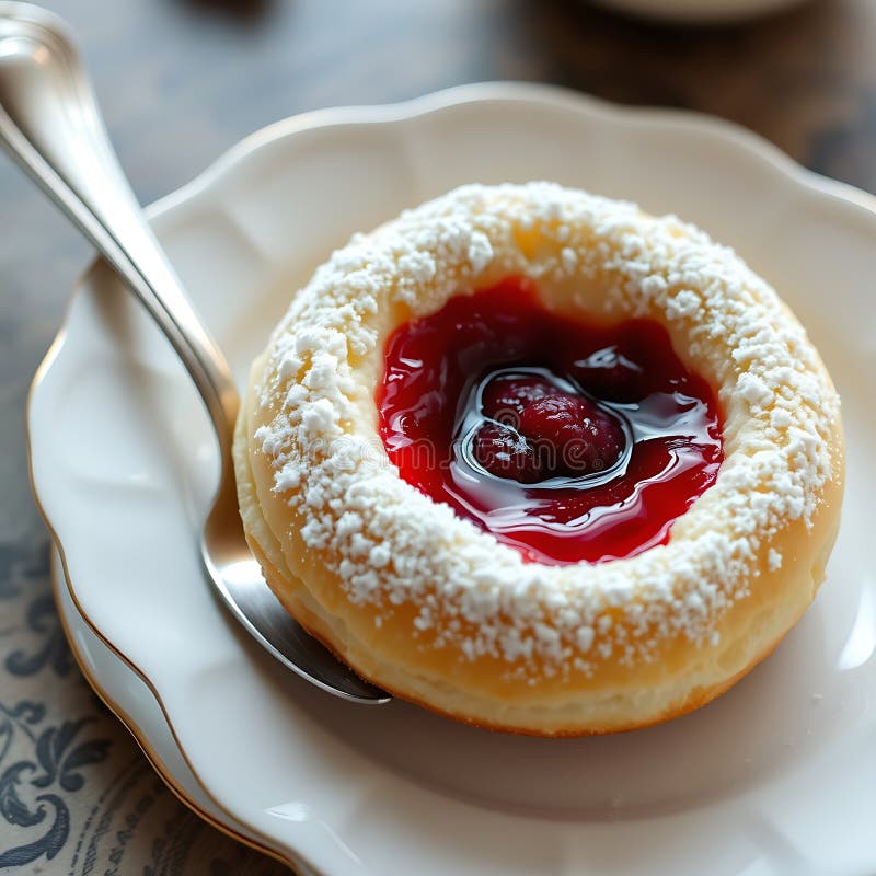 A Fluffy Light Filled Donut with Raspberry Jam Dusted with Powdered ...