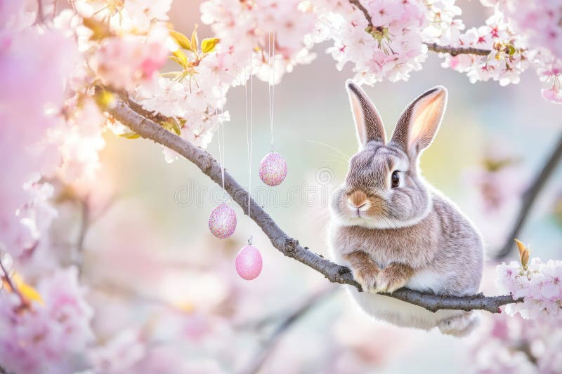 A Fluffy, Long-eared Easter Bunny Perched on a Tree Branch, Hanging ...