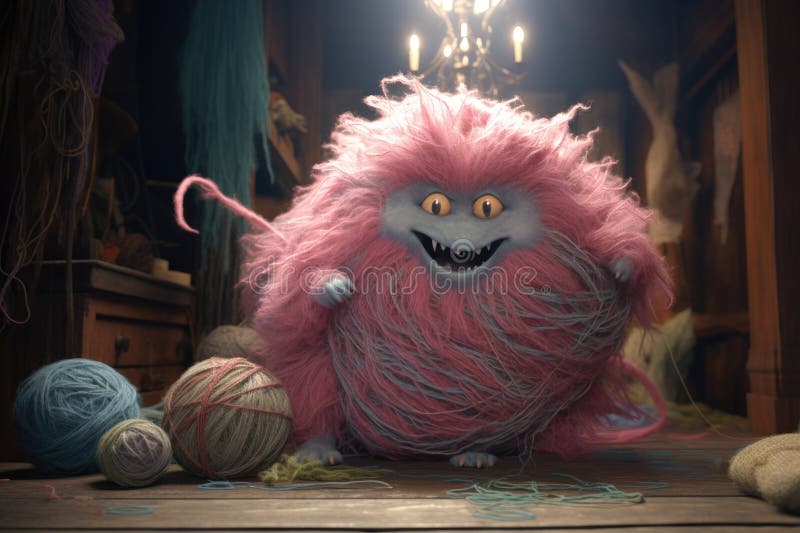 A Fluffy Monster with Large Feet Getting Tangled in a Ball of Yarn ...