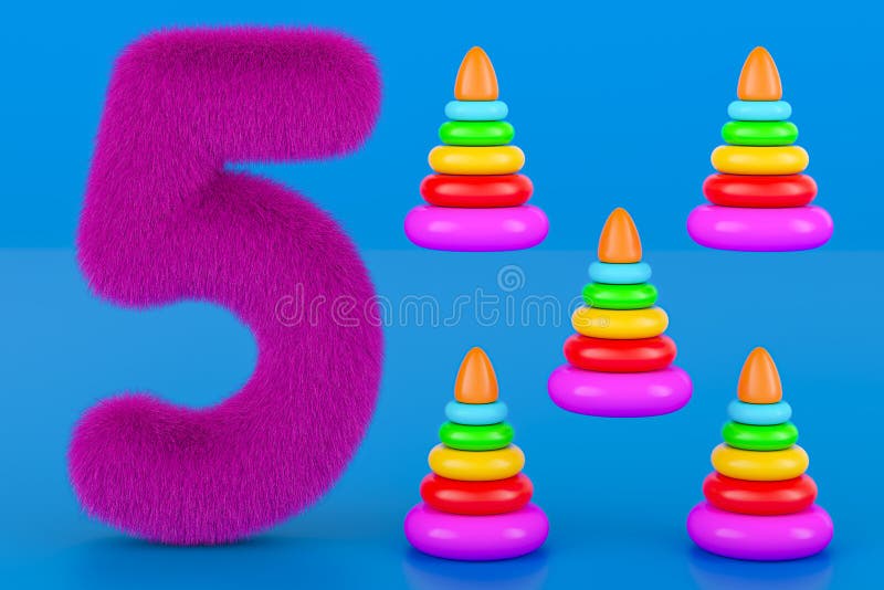 Fluffy Number 5 with Five Pyramids, 3D Rende Stock Illustration ...