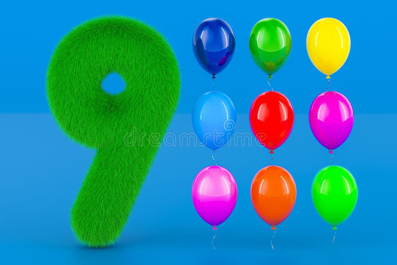 Fluffy Number 9 with Nine Colored Balloons, 3D Rendering Stock ...