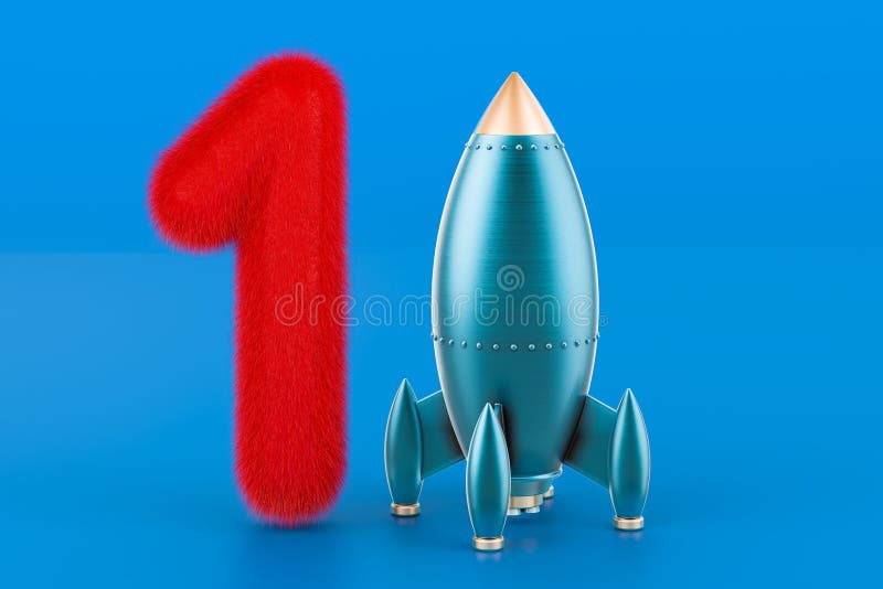 Fluffy Number 1 with Rocket, 3D Rendering Stock Illustration ...