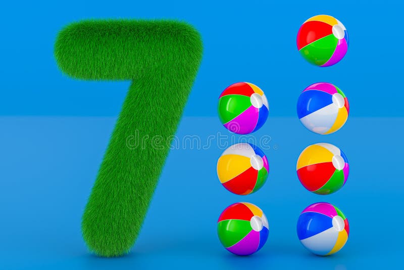 Fluffy Number 7 with Seven Beach Balls, 3D Rendering Stock Illustration ...