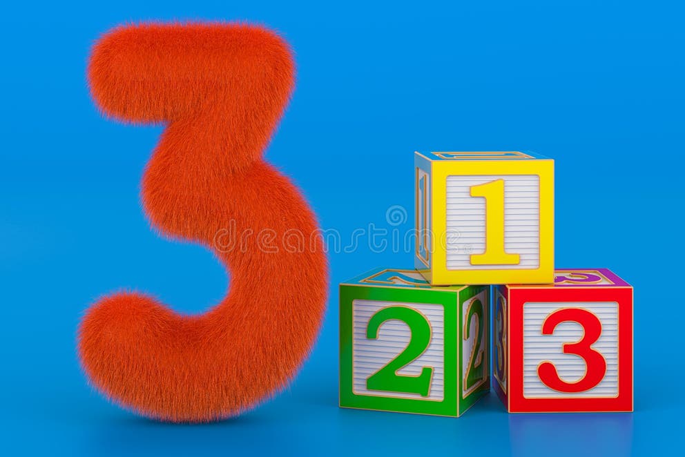 Fluffy Number 3 with Three Abc Cubes, 3D Rendering Stock Illustration ...