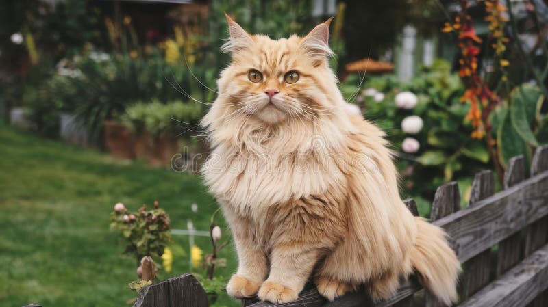Fluffy Orange Cat with Alert Expression on a Wooden Rail Stock ...
