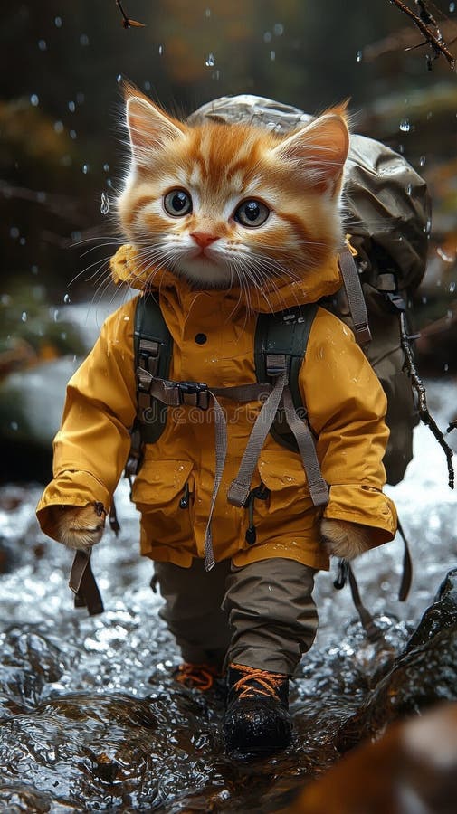 Adventurous Cat Hiking through a Forest Stream in Rain Gear. Generative ...