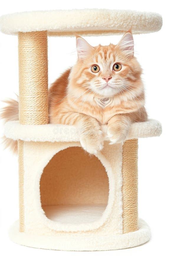 Fluffy Orange Cat Resting on a Beige Cat Tree with Scratching Posts ...