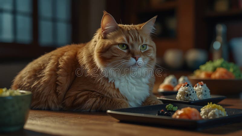Fluffy Cat Observes Sushi on Dining Table Stock Illustration ...