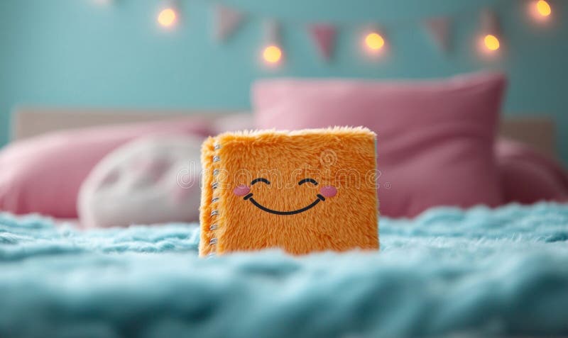A Fluffy Orange Notebook with a Smiling Face Sits on a Cozy Blue ...