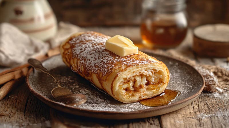 Fluffy Pancake Roll Stuffed with Syrup and Butter on Rustic Plate Stock ...