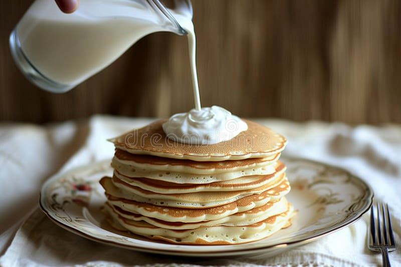 Fluffy Pancake Stack, Jug of Cream Being Poured on Top Stock Image ...