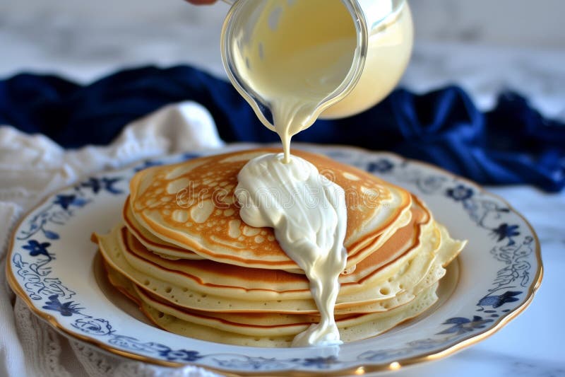 Fluffy Pancake Stack, Jug of Cream Being Poured on Top Stock Image ...