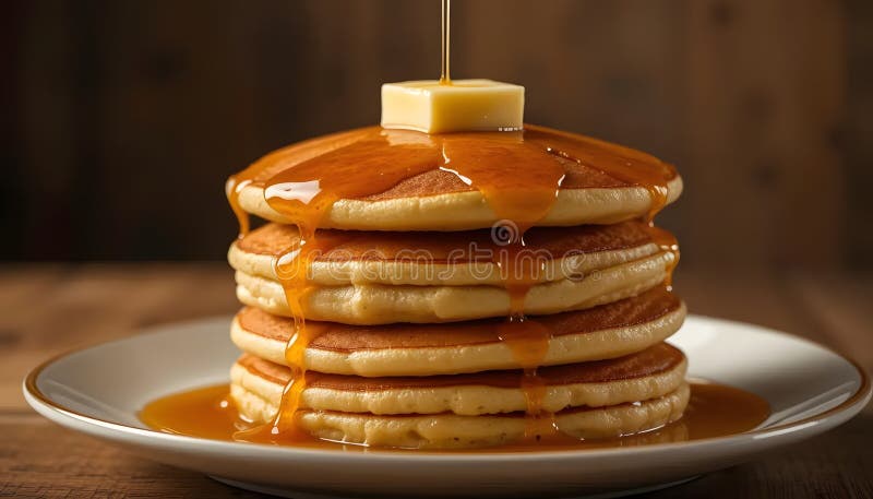 Fluffy Pancake Stack with Melting Butter and Maple Syrup Stock ...