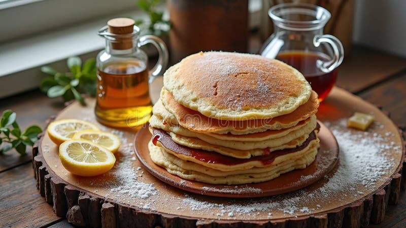 Fluffy Pancake Stack with Syrup and Lemon Slices on Wooden Table Stock ...