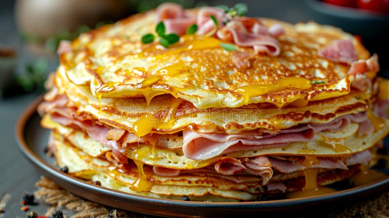 Fluffy Pancake Stack Topped with Cheese and Ham, Perfect for Breakfast ...