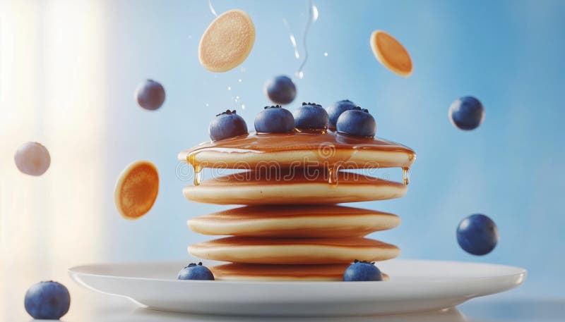 Fluffy Pancake Tower with Fresh Blueberries and Maple Syrup on a White ...