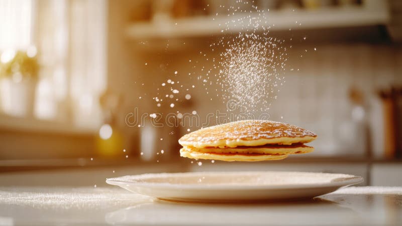 Pancakes Floating Above a Plate with Sugar Sprinkling in a Bright ...
