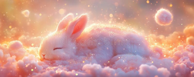 Fluffy Pastel Cloud Shaped Like a Sleeping Rabbit Surrounded by Soft ...