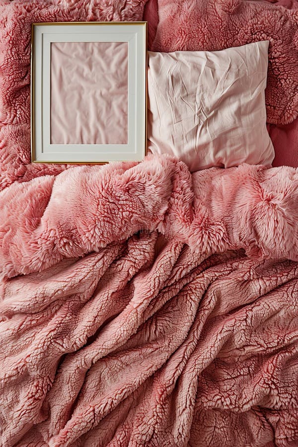 Fluffy Pastel Pink Bedding with Blank Picture Frame, Natural Light, and ...