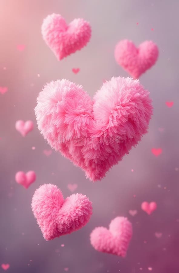 Fluffy Pastel Pink Hearts Floating in the Air with a Soft Bokeh Effect ...