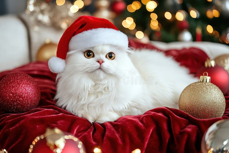 Fluffy Persian Cat in Santa Hat Posing with Christmas Baubles Stock ...