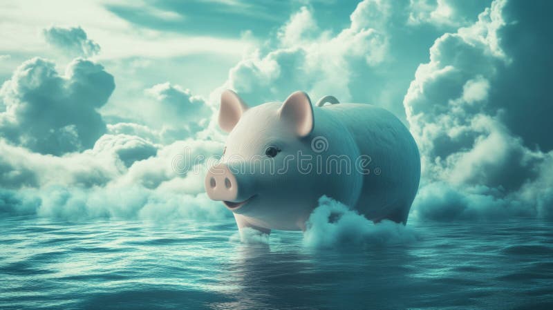 Fluffy Pig Floating on a Sea of Clouds, Whimsical Digital Illustration ...