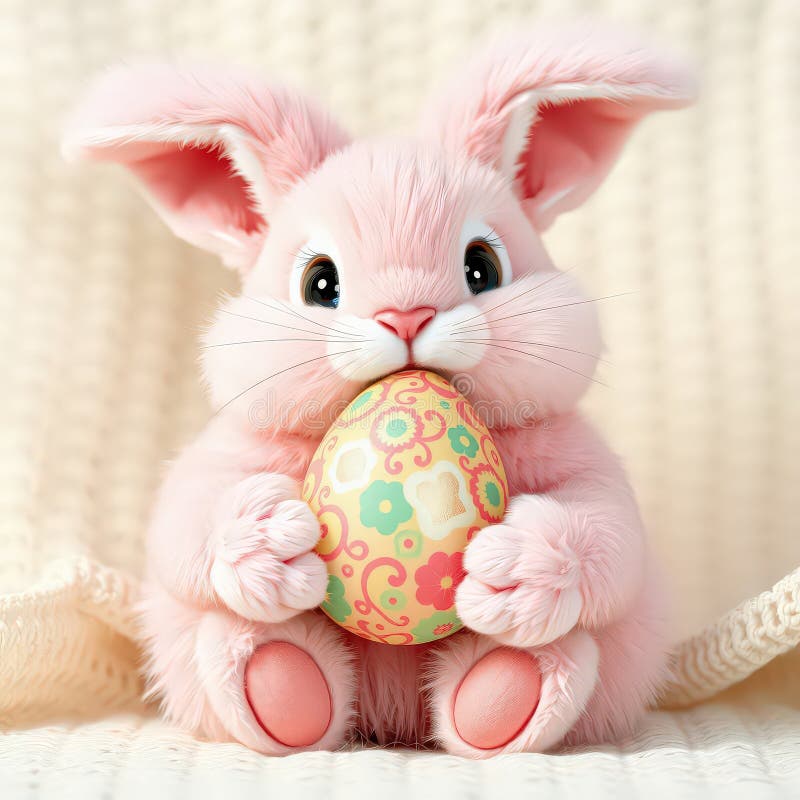 Pink Easter Bunny Holding Decorated Egg on Creamy Background Stock ...