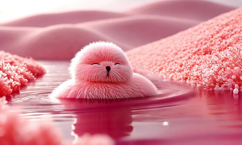Fluffy Pink Creature Relaxing in a Pink Pool, Surrounded by Pink Dunes ...