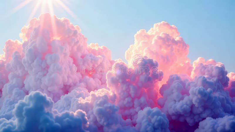 Fluffy Pink and Purple Clouds in a Bright Blue Sky with Sunlight Stock ...