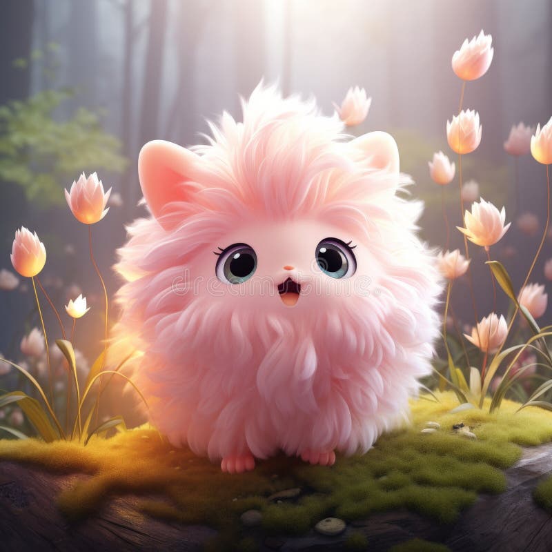 Fluffy Pink Round Creature in Magical Forest with Flowers Stock Image ...