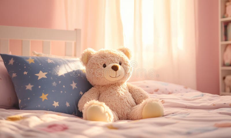 Fluffy Plush Bear on Bed, Starry Night-themed Bedding Stock Photo ...