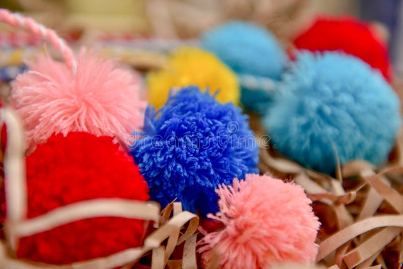 Fluffy Pom Poms with Multi-colored Threads. Stock Photo - Image of ...