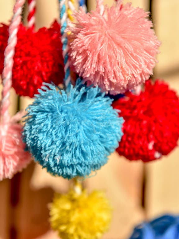 Fluffy Pom Poms with Multi-colored Threads. Stock Image - Image of ...