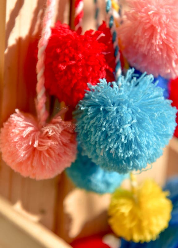 Fluffy Pom Poms with Multi-colored Threads. Stock Image - Image of ...