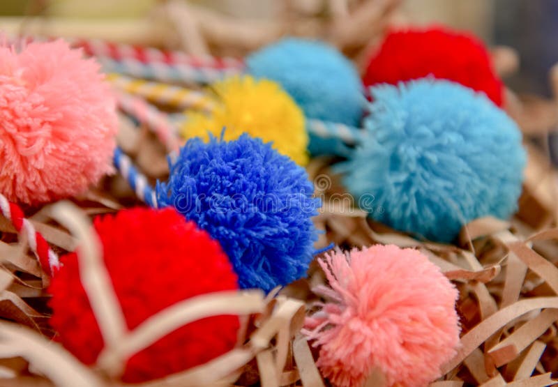 Fluffy Pom Poms with Multi-colored Threads. Stock Image - Image of ...