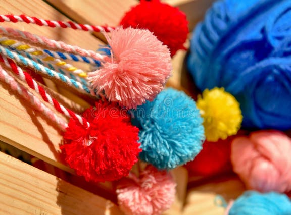 Fluffy Pom Poms with Multi-colored Threads. Stock Image - Image of ...