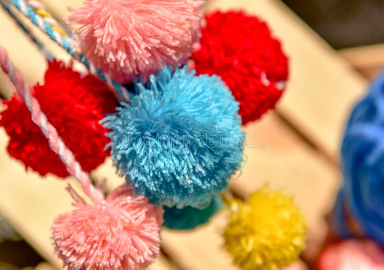 Fluffy Pom Poms with Multi-colored Threads. Stock Image - Image of ...