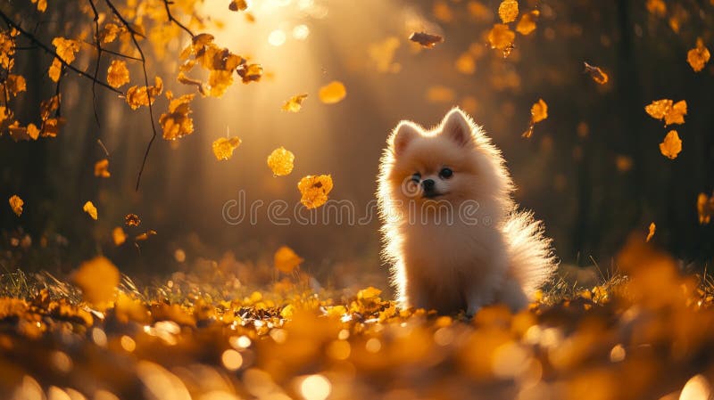 Fluffy Pomeranian Puppy in Autumn Sunlight Stock Illustration ...